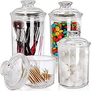 DEAYOU 4 Pack Clear Plastic Apothecary Jars, Plastic Storage Jar Canister with Airtight Lid, Cotton Qtip Holder Bathroom, Candy Cookie Container Organizer for Bath Salt, Vanity,33 Oz/23 Oz/13 Oz