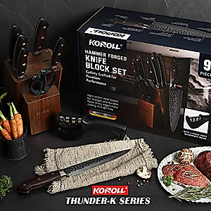 KONOLL Kitchen Knife Block Set 9 Pcs Chef Knife Box Set Ultra Sharp Forged Knives Set, Meat Cleaver HC Stainless German Steel with Full Tang Wood Handle (Knife Block Set 9 Pcs)