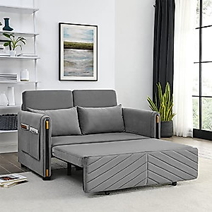 JEEOHEY Pull Out Couch Bed w/Headboard, 54" Modern Velvet Convertible Sleeper Sofa Bed, Small Love seat Sofa Bed with 2 Pillows & Detachable Side Pockets for Small Space, Living Room, Apartment, Grey