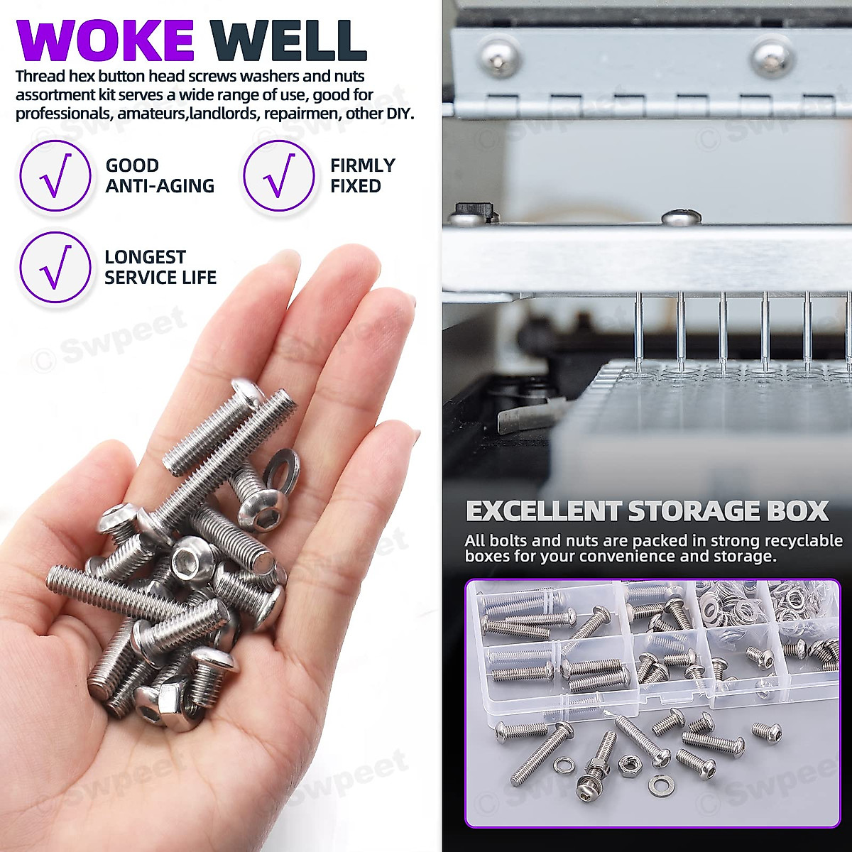 Swpeet 161Pcs M6 Metric 304 Stainless Steel Button Head Hex Socket Head Cap Bolts Screws Nuts and Hex Nuts with Flat Washers and Split Lock Washers Kit, Screws Nuts Washers Wrench All Included