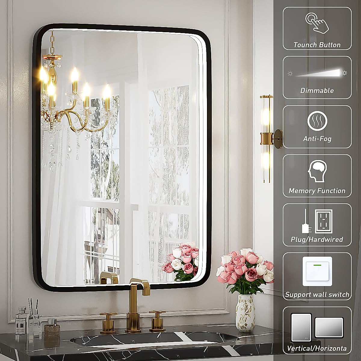 FTOTI 20X28 Inch LED Bathroom Mirror with Lights,Wall Mounted Lighted Mirrors with Non-Rusting Black Metal Frame Anti-Fog Memory Funtion Stepless Dimmable,6000K(Horizontal&Vertical)