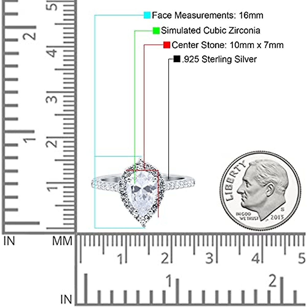 Blue Apple Co. Simulated Cubic Zirconia Size-5 Teardrop Pear Art Deco Engagement Wedding Bridal Ring Round CZ 925 Sterling Silver