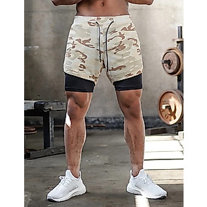 DIOTSR Mens 2 in 1 Running Workout Shorts Lightweight Athletic Gym Shorts with Pockets (Camo Khaki X-Large)