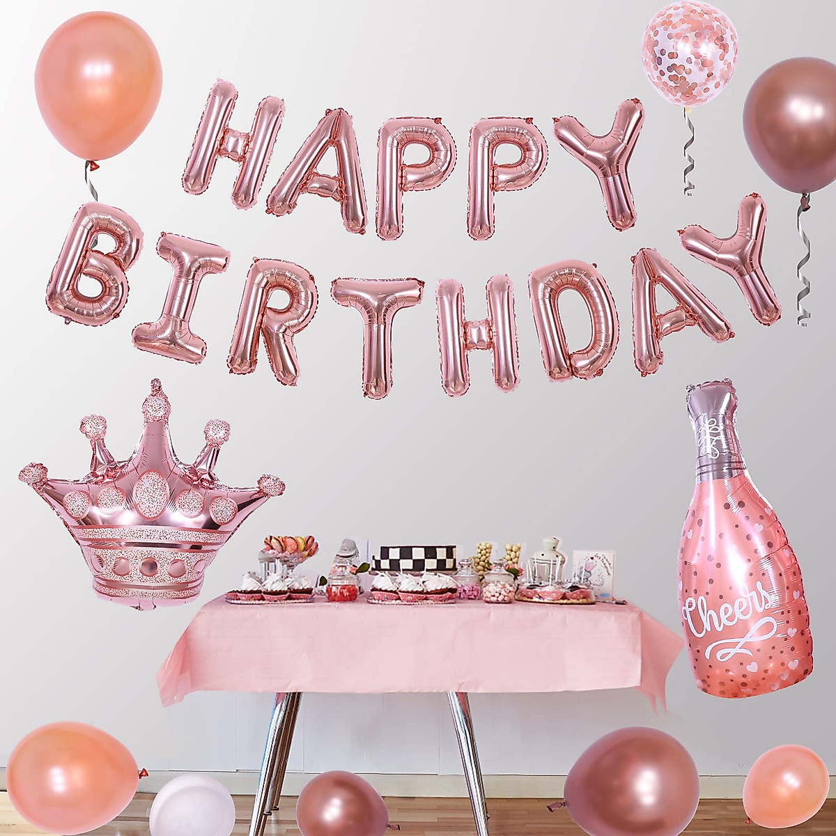 21st Birthday Decorations for Her, 94pcs Rose Gold Party Decorations for Girls, 40in 21st Birthday Balloons, 21st Happy Birthday Banner, Pink White Rose Gold Balloon Arch Kit Crown Champagne Balloon