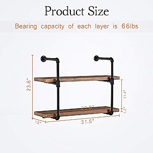 mecor 2022 New Industrial Wall Shelf 2-Tier with Planks, Wall Mount Iron Pipe Shelves, Wood and Metal Frame Wall Bookcase
