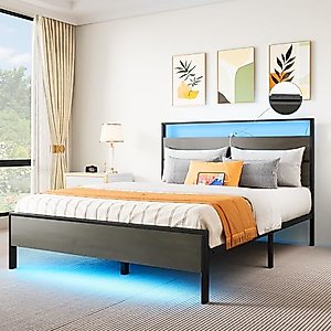 YITAHOME Queen Size Bed Frame, LED Bed Frame with 2 USB Ports, Platform Bed Frame with 10.2” Under Bed Storage Clearance, Strong Metal Slats Support, No Box Spring Needed, Black Brown
