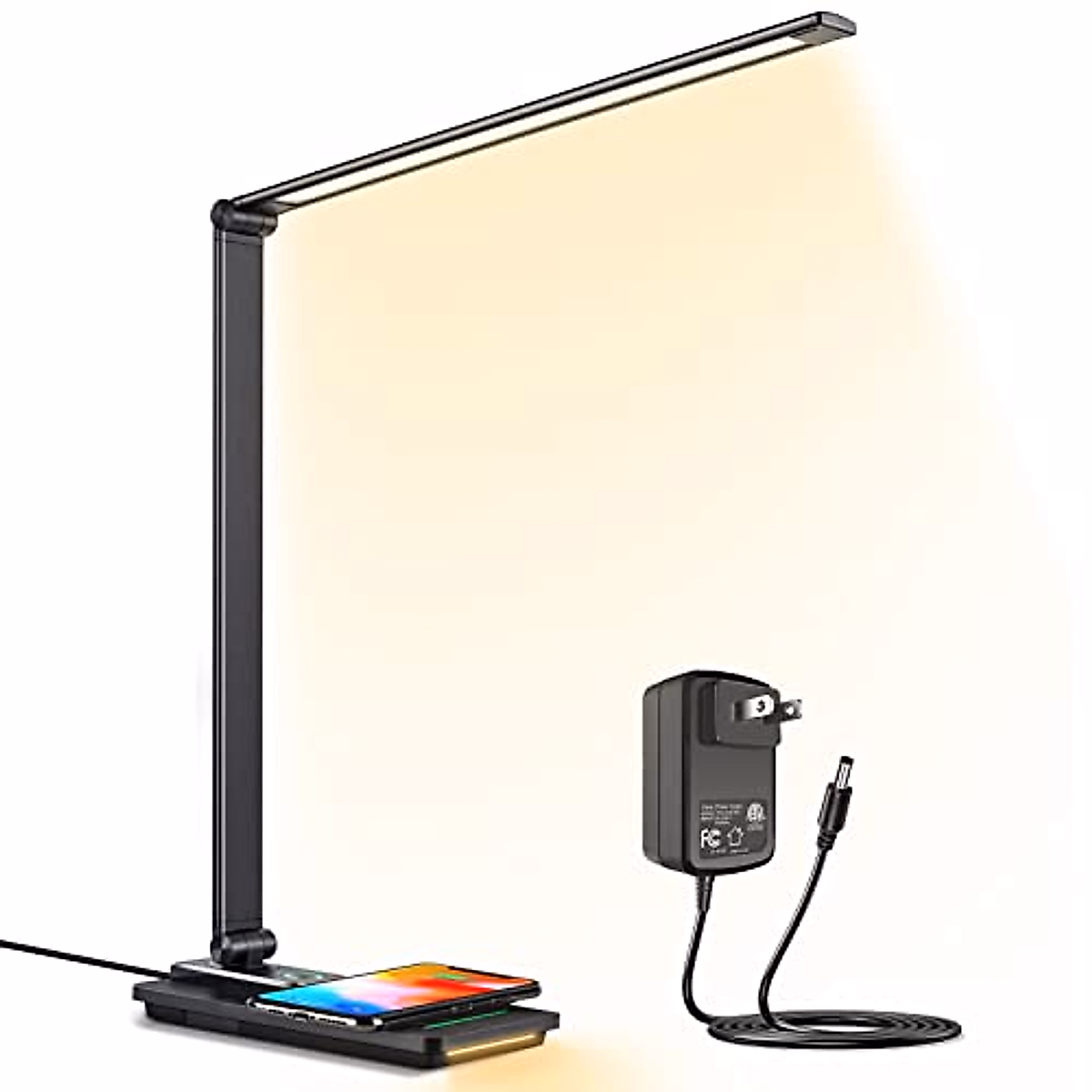 JOSTIC Led Desk lamp with Fast Wireless Charger, Night Lighting, USB Charging Port, 10 Brightness 5 Color, Natural Light Eye Caring Reading Lamp, Desk Light for Home Office, Bedside Table Lamp, Black