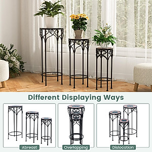 Giantex Metal Plant Stand Set of 3, 28" Mosaic Tall Flower Stand with Ceramic Top, Round Tile Nesting Display Side Table, Indoor Outdoor Flower Holder for Wedding Party Patio Living Room