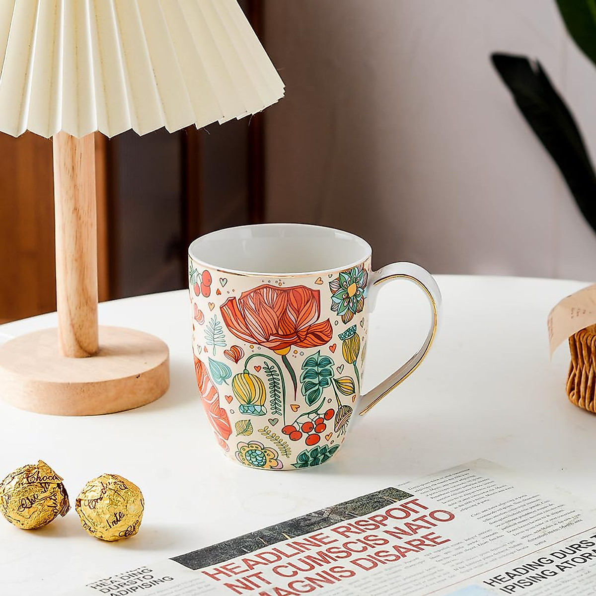 YOSCO 16 oz Ceramic Coffee Mugs Cute Novelty Coffee Milk Tea Cup with Handle,Office and Home (Flower)