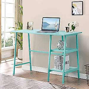 VECELO 43 Inch Computer Writing Home Office with 2 Tier Storage Shelves，Adjustable Feet/Waterproof,Simple Workstation, Blue Desk, 43"