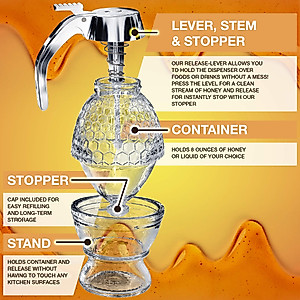 CLEVLI Honey Dispenser – Glass Honey Dispenser – No Drip 8 Oz –Honey Pourer Dispenser, Honey Pot with Stand – for Syrup, Sugar, Sauces, Jar with Non Slip Support, Flip Top Lid for Easy Works