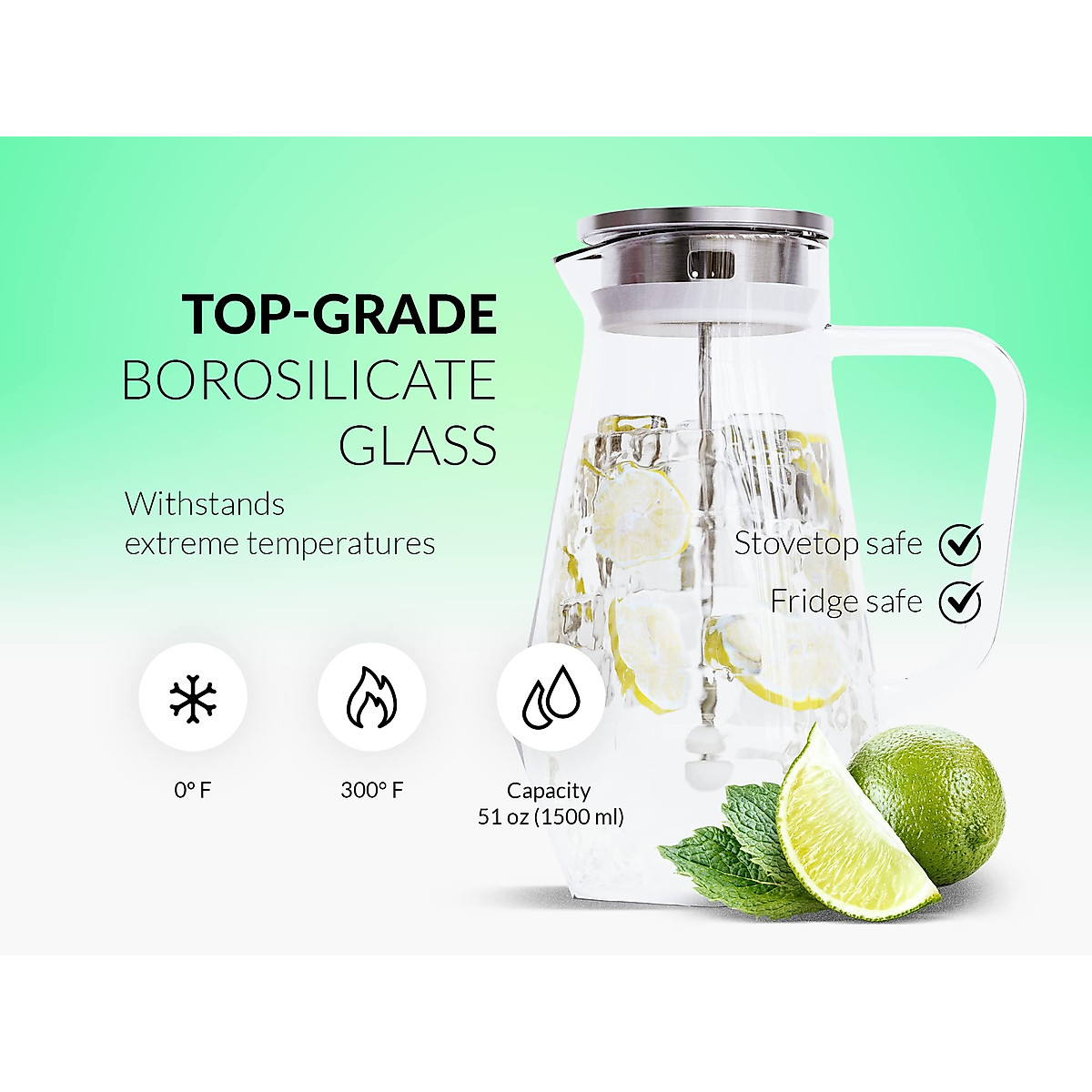 Oval Orange Glass Pitcher with Lid and Spout (1.5 L | 51 oz) - Borosilicate Glass Water Pitcher - for Hot & Cold Beverages - incl. Cleaning Brush