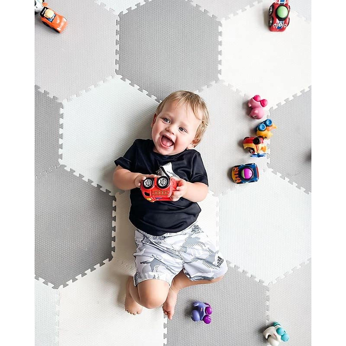 Baby Brielle Soft Non-Toxic Extra Thick Interlocking Hexagon Tile Foam for Babies and Toddlers - Exercise Mats for Crawling, Playing Grey & White Floor Mat for Nursery, Play Room - 48”x72”, 38 Pieces