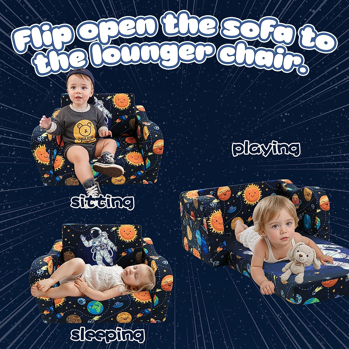 Folding Kids Couch, Foldable Chair Comfy for Toddlers 1-3, Toddler Couch Fold Out Couch 2-in-1 Sofa Bed for Playroom, Toddler Lounge Chair for Boys & Girls