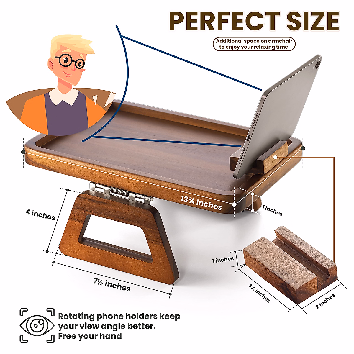 Tinamo Acacia Couch Arm Table with Phone Holder - Wooden Sofa Armrest Tray - Clip-on Tray for Wide Couch - Side Table for Eating & Drink (Acacia)