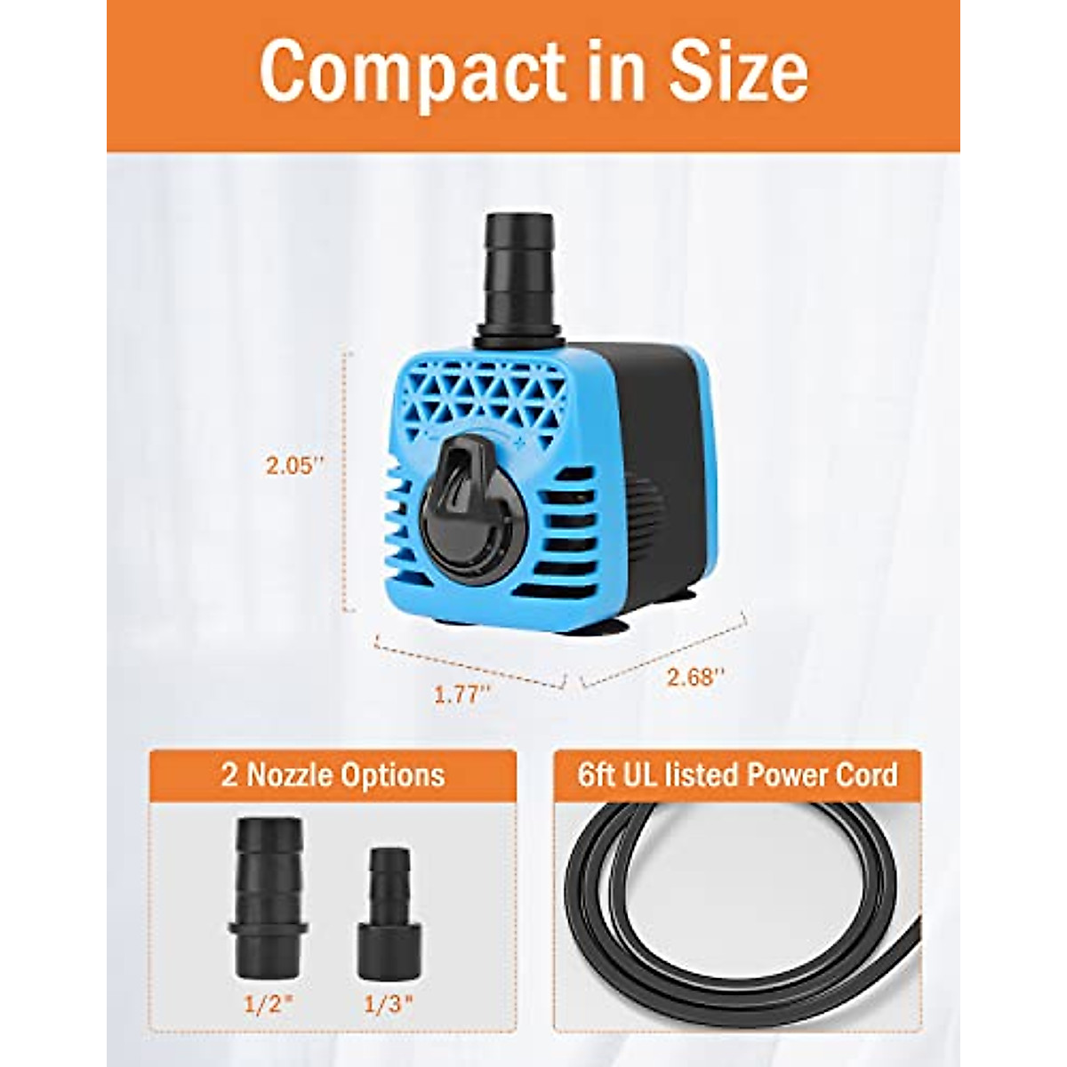 Kulife 210GPH Submersible Water Pumps (800L/H, 10W) Fountain Pump Pond Pump Aquarium Water Pump with Flow Control and Hose for Fish Tank, Fountain, Waterfall, Filtration, Water feature, Hydroponics