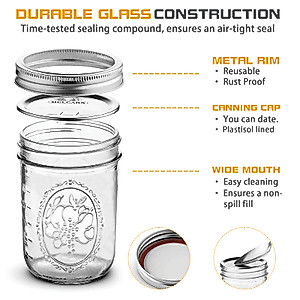 Wide Mouth Glass Mason Jars 16 oz, 6 Pack Glass Canning Jars with Metal Airtight Lids and Bands and Measurement Marks, for Canning, Preserving, Overnight Oats, Jam, Jelly, Food Storage, DIY etc