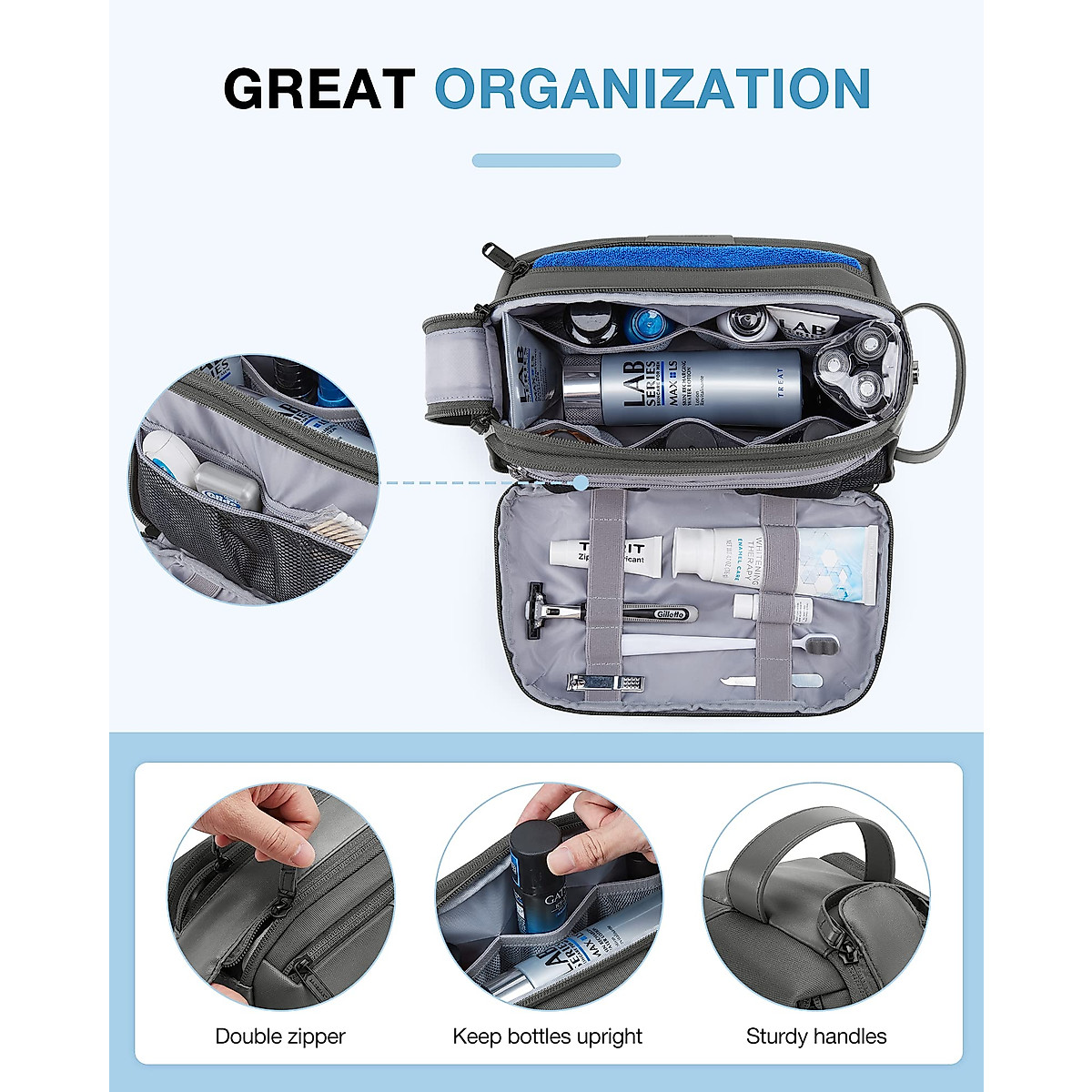 BAGSMART Toiletry Bag for Men, Large Travel Toiletry Organizer, Dopp Kit Water-resistant Shaving Bag for Toiletries Accessories - Grey