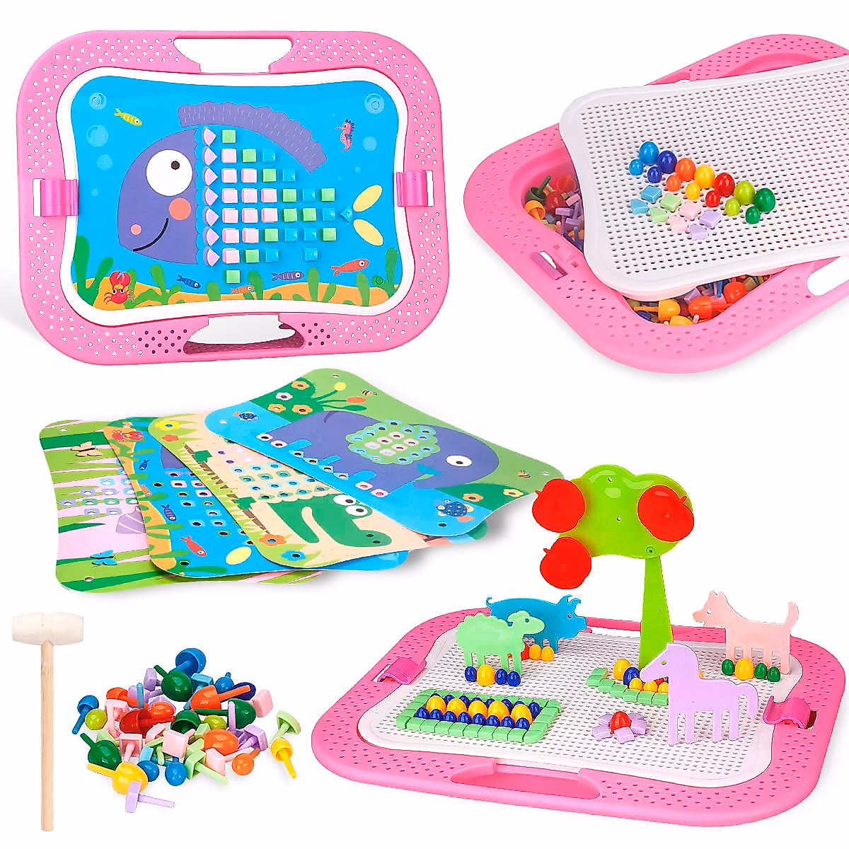 TAKIHON Button Art Toys,Mosaic Puzzles for Kids,Mushroom Peg Puzzle Board,DIY 3D Puzzle,Fine Motor and Preschool Educational,Creative Toys for Toddlers,Boys,Girls(Red)