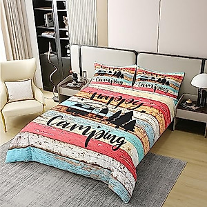 100% Cotton Happy Camping Duvet Cover Queen RV Camper Trailer Bedding Set for Boys Girls Bedroom Farmhouse Style Wooden Stripes Comforter Cover Red Blue Soft Breathable Quilt Cover