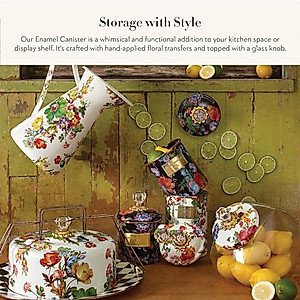 MACKENZIE-CHILDS Black Flower Market Enamel Canister, Floral Kitchen Storage Container with Lid, Small