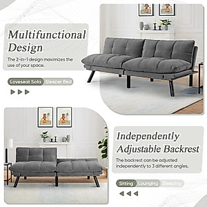Convertible Velvet Futon Sofa Bed, Comfy 72" L Sleeper Couch with Thicker Cushion, Upholstered Modern Reclining Loveseat Folding Sofa for Small Living Room, Dorm, Apartment, Office, Light Gray