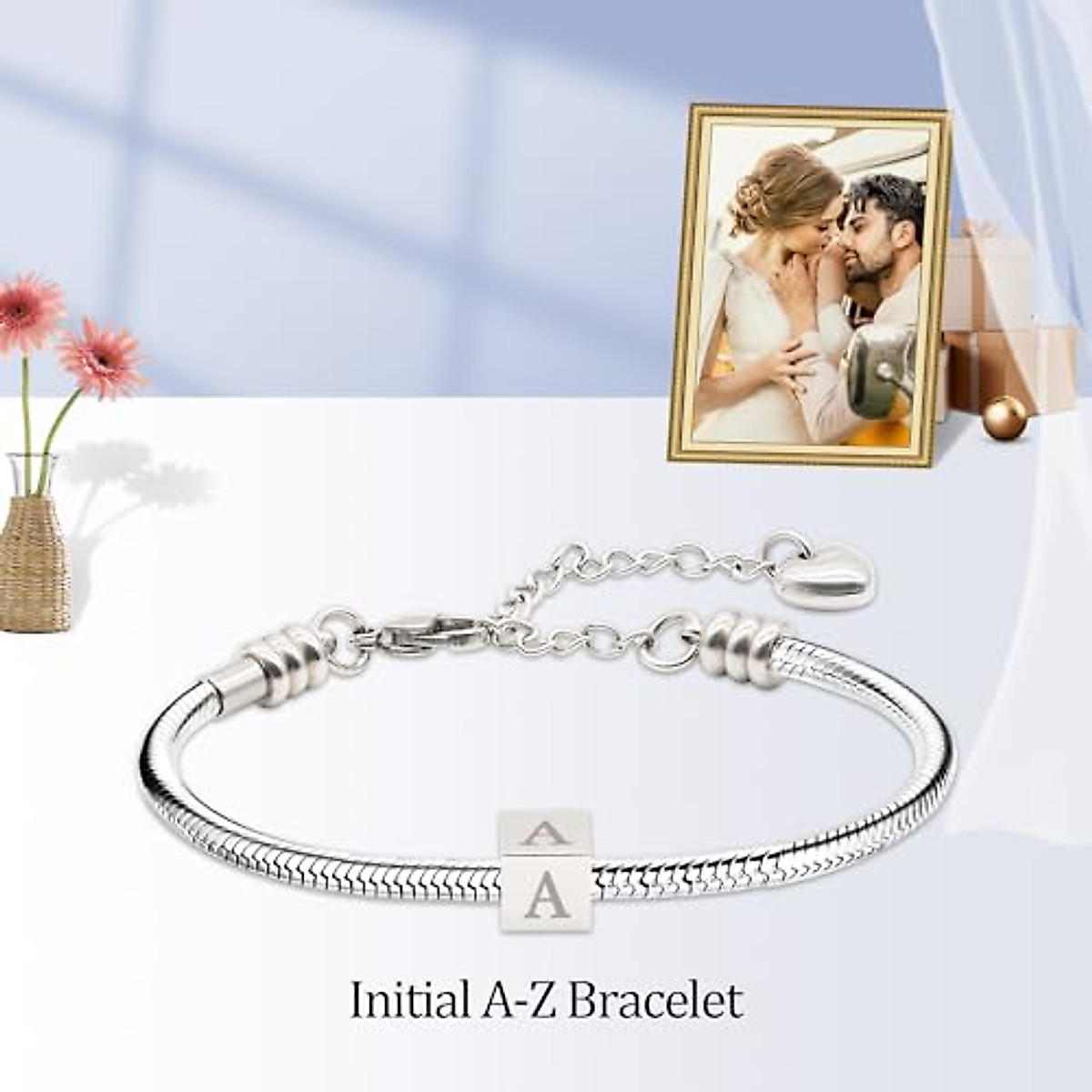 TAGOMEI Initial Bracelet for Women Teens, Stainless Steel Silver Dainty Letter Bracelets, Personalized Initial Charm Alphabet Jewelry Gifts