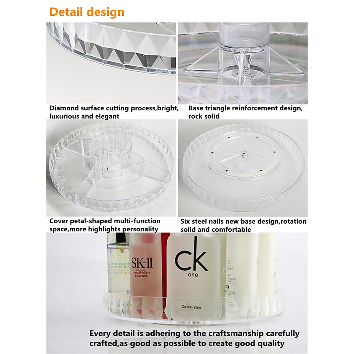 BOTIDE Diamond Pattern Three Layers Perfume Organizer, 360 Rotating Diamond Cosmetic Storage Box Transparent Acrylic Swivel Shelf Desktop Skin Care Product Dresser Finishing, Plus Size