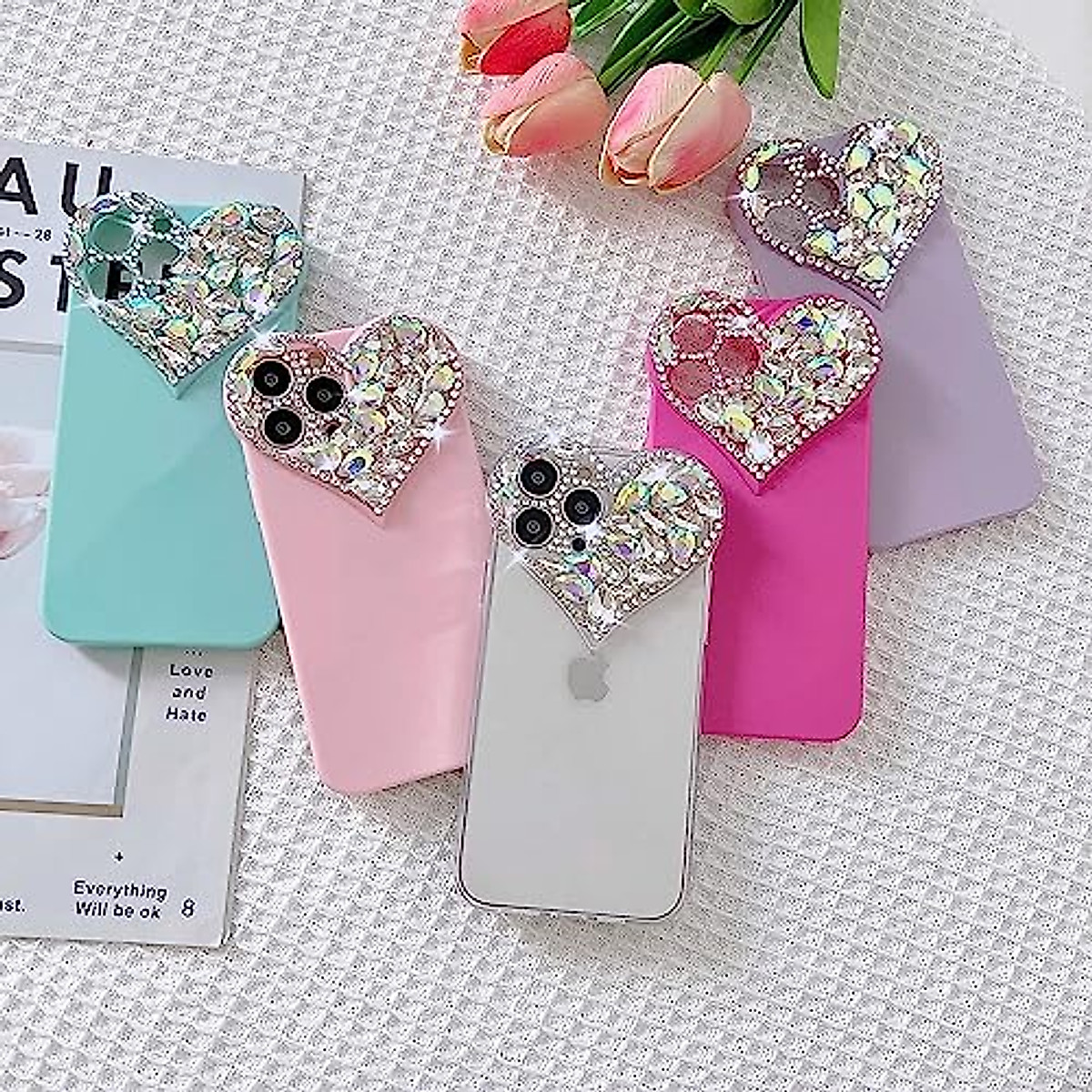 IAIYOXI Cute 3D Glitter 14 Pro Max Case, Sparkling Aesthetic Heart Gems Bling Case, Pretty Shine Colorful Diamond Soft TPU Bumper Case for Women Girl-Rose