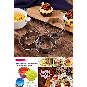 KeepingcooX Crumpet Rings Set of 6 - Non Stick, Double Rolled Tart Rings for Poaching Eggs, Professional English Muffin Rings, Small Pancake, Burger Press, Frying Eggs, 3.3in+4.1in, Plus 3 Rose Molds