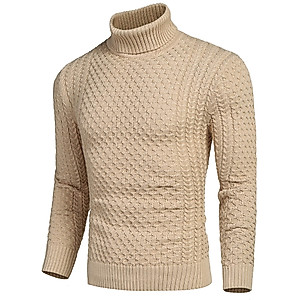 COOFANDY Men's Slim Fit Turtleneck Sweater Casual Knitted Twisted Pullover Solid Sweaters Khaki