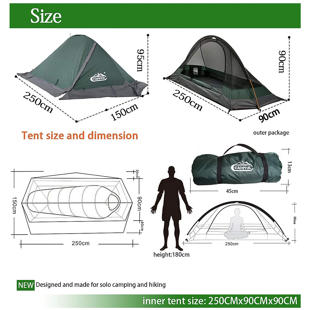 camppal 1 Person Tent Backpacking Camping Hiking Mountain Hunting Tent Lightweight and Waterproof for 4 Season Extreme Space Saving Single Bracket (Green-with skirt)