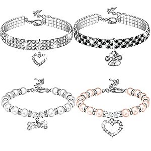 4 Pcs Pearl Dog Collar Necklaces Small Dogs Cats Rhinestones Collar Necklace Set, Crystal Pet Puppy Dog Necklace Adjustable Dog Jewelry for Pet Small Girls Cats (Small, Paw Style)