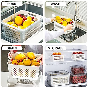 Kearning 5 Pcs Large Airtight Food Storage Containers with Lids&Handle, Fruit Storage Containers for Fridge with Removable Colanders, Leakproof Meal Prep Containers, Bento Box, Organizers and Storage