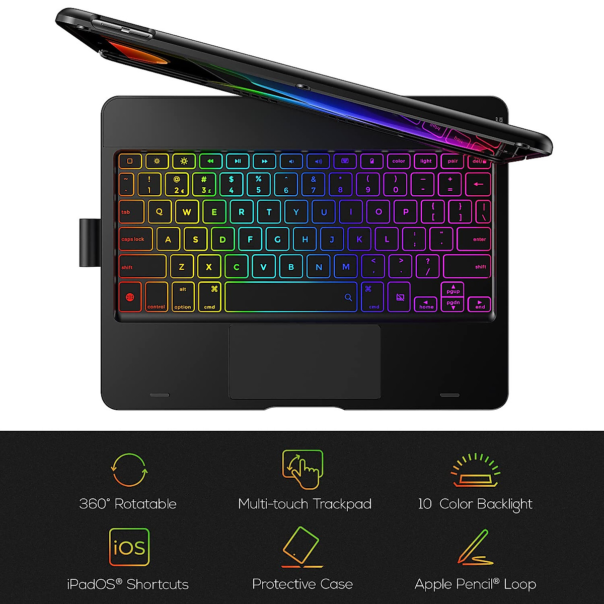 typecase Touch Ultra Case with Keyboard for iPad 9th Generation (10.2", 2021)- Trackpad, RGB Backlight, 360° Rotatable, Thin & Light for 8th Gen (2020), 7th Gen (2019), Air 3, Pro 10.5 (Black)