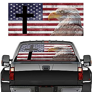 Patriotic Truck Back Window Graphics,Red White American Flag Decal Patriotic Truck Decals,Cross Universal See-Through Rear Window Vinyl Wrap,Christian Full Window Decals for Trucks Car SUV,66"x20"