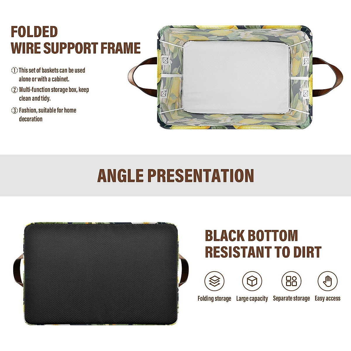 Emelivor Watercolor Yellow Lemon Black Storage Bins for Shelves Foldable Storage Baskets for Organizing Closet Shelf Nursery Home Decorative Rectangular Storage Cubes with Handles