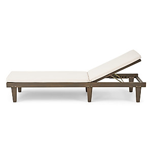 GDFStudio Great Deal Furniture Outdoor Acacia Wood Chaise Lounge and Cushion Set, Gray and Cream