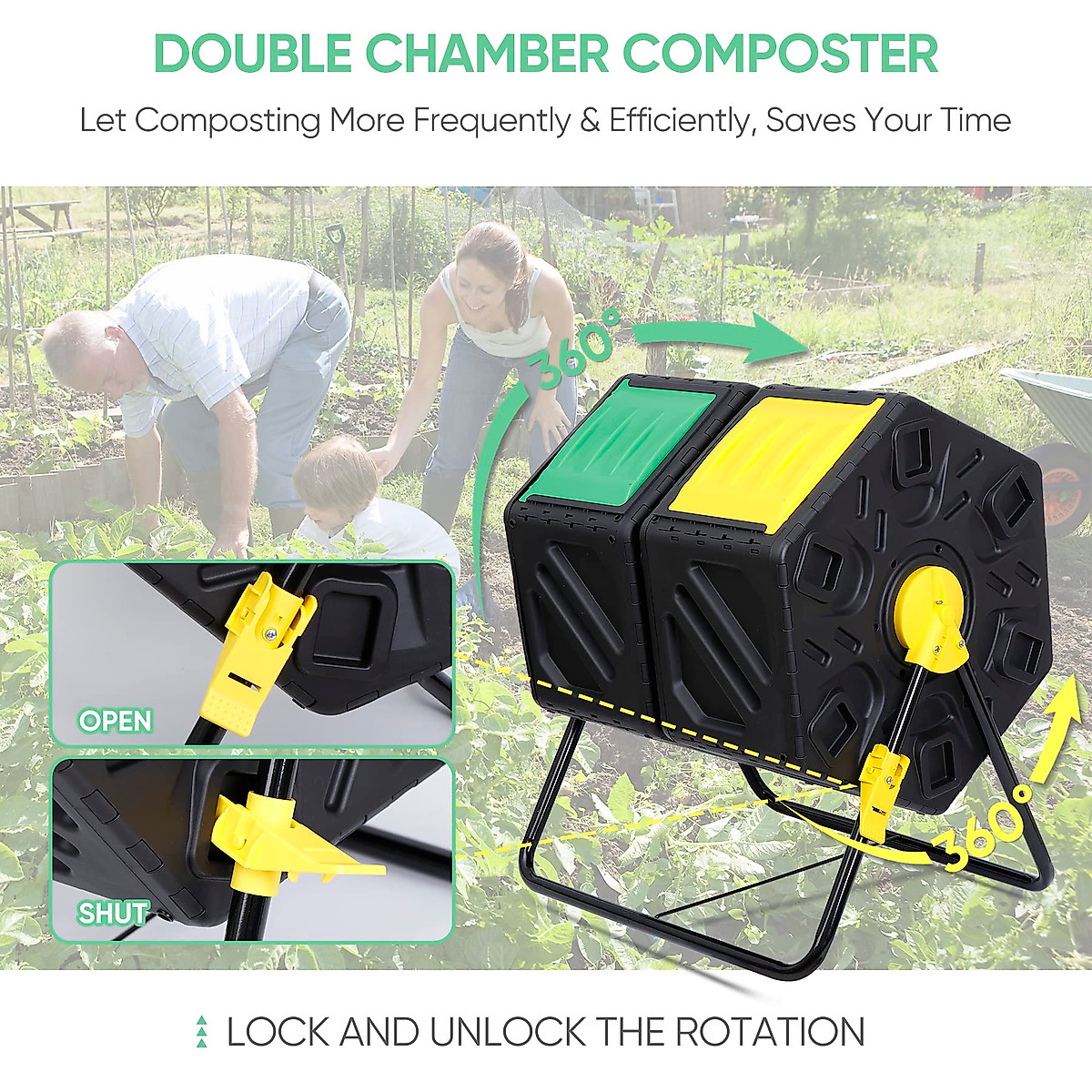 BBBuy Compost Bin Tumbling Composter Rotating w/ 2 Sliding Doors Compost Bin, Dual Chamber All Season Heavy Duty Outdoor Gardening Composting Tumblers Garden Yard (37 Gallon, Black)
