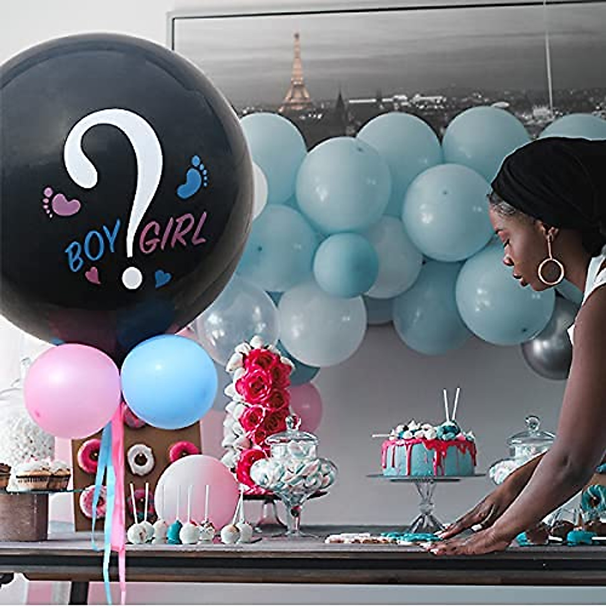 Gender Reveal Balloon with Confetti,36 Inch Black Balloons x2 Boy or Girl Gender Reveal Party Supplies with Pink and Blue Round Shape Confetti for Baby Shower Gender Reveal Decorations Kit