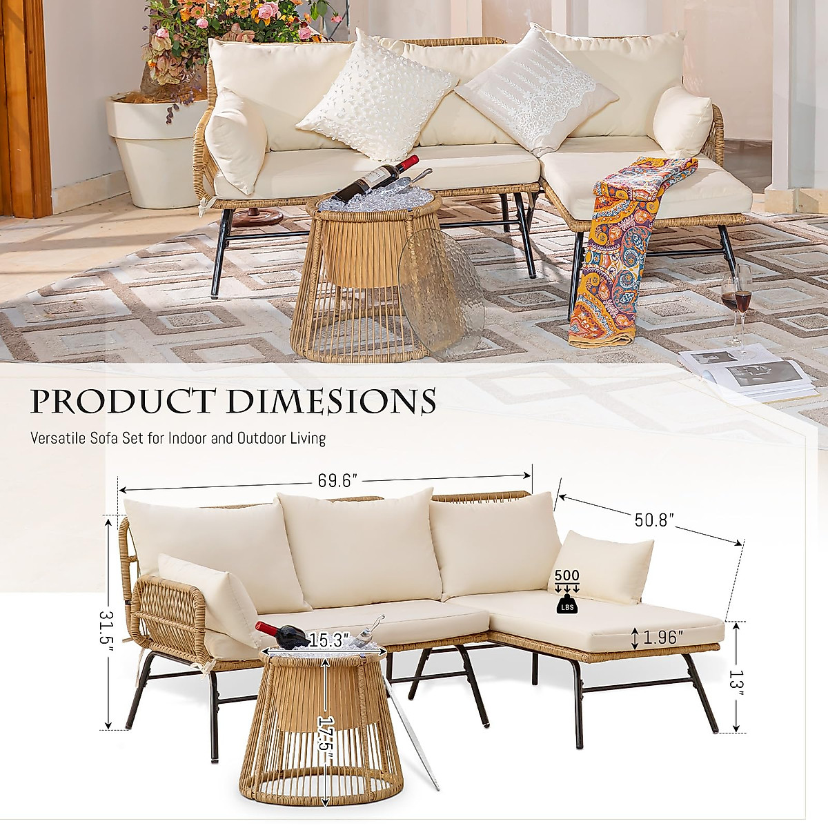 BULEXYARD Set of 3 Boho Outdoor Patio Furniture Sets with Round Tempered Glass Table, Small Size L Shape Wicker Conversation Sectional Sofa Sets for Backyard, Porch, Deck, Garden, Balcony