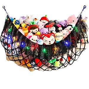 Large Stuffed Animal Hammock with Light Wall Mounted- Squishmallow Hammock Plushies Net Stuff Toy Organizer Boho Macrame Toy Hammock Corner Hanging Net for Nursery Storage Bedroom Playroom Decor-Black