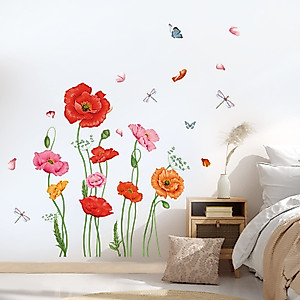 wondever Summer Red Poppy Flowers Wall Stickers Floral Peel and Stick Wall Art Decals for Baby Nursery Girls Bedroom