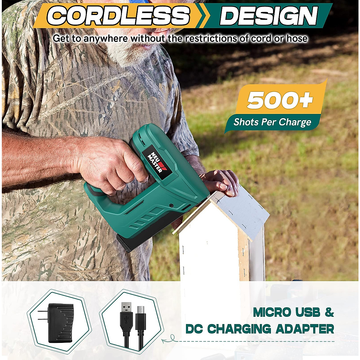 NEU MASTER Staple Gun Cordless, NTC0070 Li-ion Rechargeable Battery Staple Guns kit with Staples and USB Charger, Power Tacker for Upholstery, Material Repair, Decoration, Carpentry, Furniture DIY