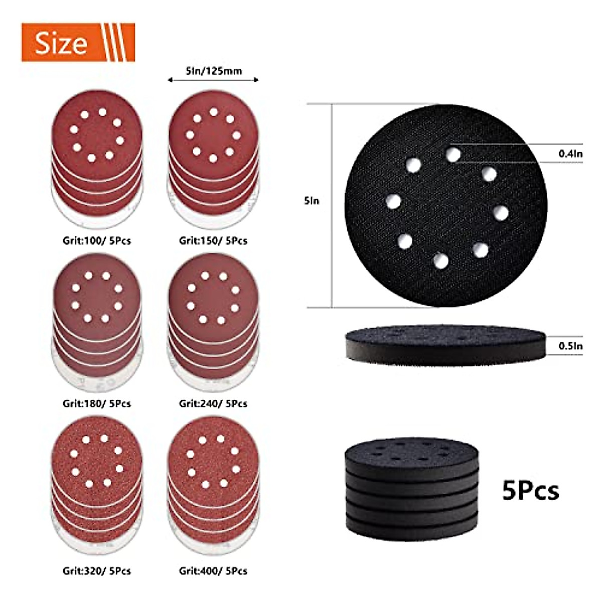Tshya 5 Pcs 5 inch 8 Holes Hook and Loop Backing Sponge Pad Soft Density Interface Pads Buffer Backing Cushion with 30 Pcs 5 inch Sanding Discs Include 100/150/180/240/320/400 Grit