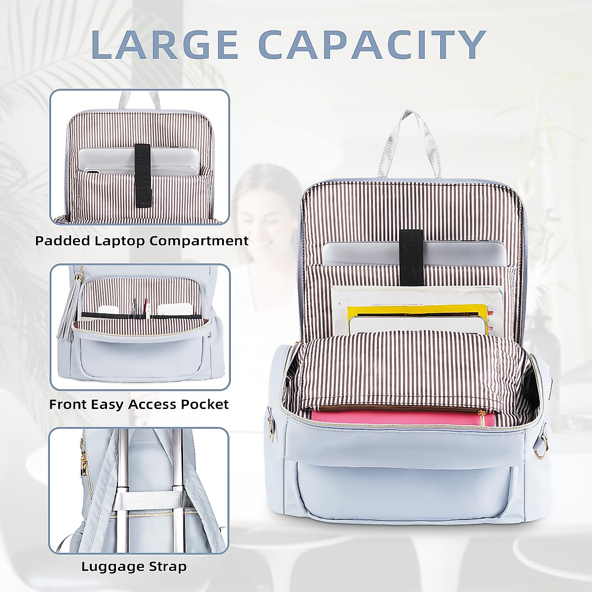 Backpack Purse For Women, 15.6 Inch Travel Laptop Backpack For Women With USB Charging Port, Waterproof Anti Theft College Backpack School Bookbag With Tassel For Ladies/Girls/Teacher/Nurse, Blue