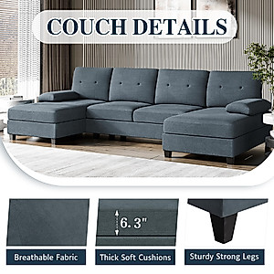 Meilocar Sectional Couches for Living Room, 4 Seat Sofa Set U-Shaped Couch with Double Wide Chaise, 106in Sofa Modern Fabric Large Couch with Oversized Seats (Grey)