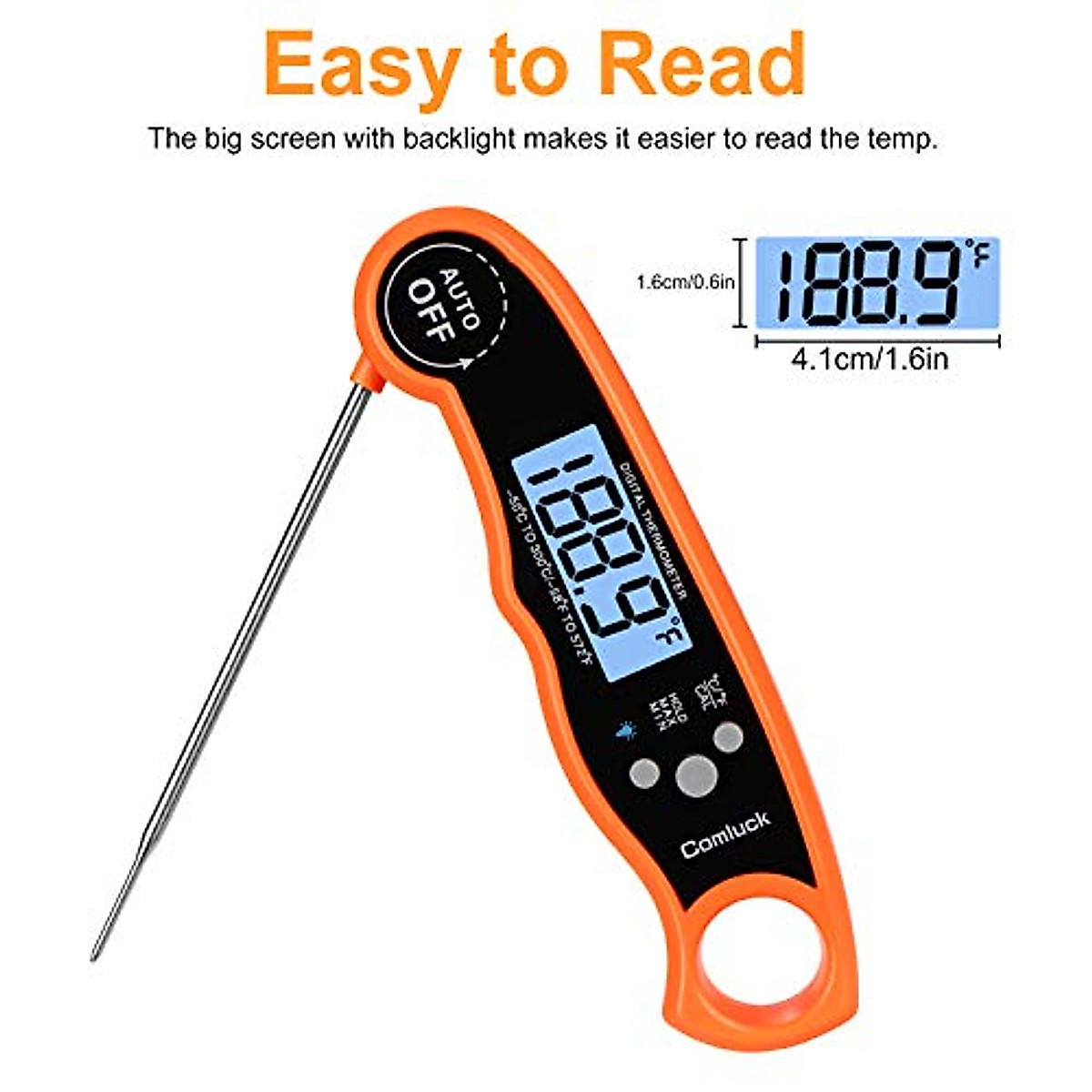 Comluck Instant Read Meat Thermometer - CA001 Digital Oven Cooking Food Min Max Thermometer Magnetic Waterproof with Backlight for Adults Kitchen Grill Steak Outdoor BBQ Barbecue Baking