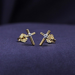 Round Natural White Diamond Cross Stud Earrings For Women's In 14K Yellow Gold Over Sterling Silver, Push Back Earrings Gift For Her