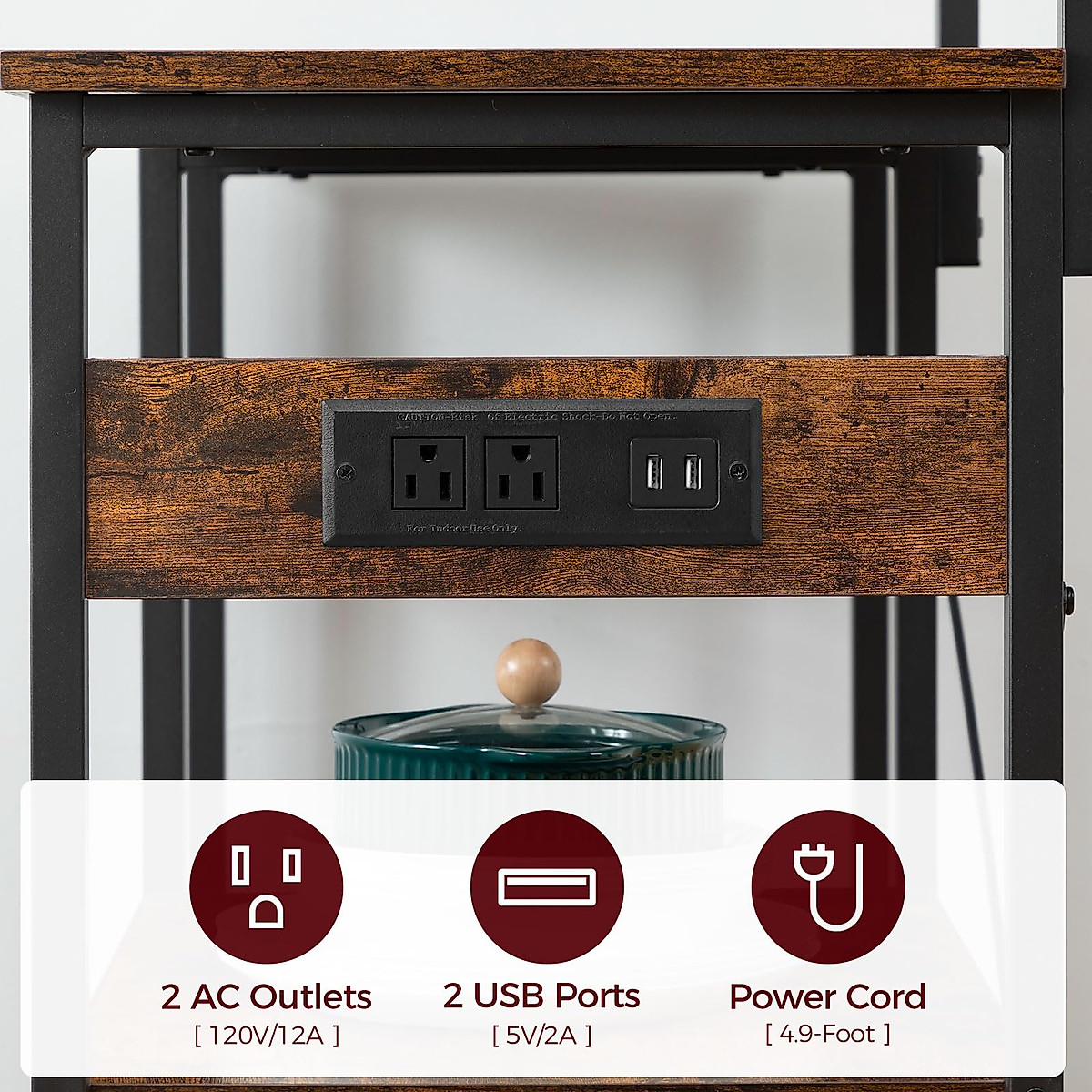 MAHANCRIS Bakers Rack with Power Outlet, Microwave Stand, Industrial Coffee Bar with Wire Basket, Kitchen Storage Rack with 6 S-Shaped Hooks, for Spices, Pots and Pans, Rustic Brown BRHR90E01Z